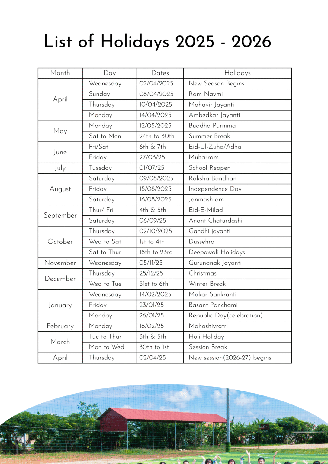 List of Holidays - C.P. International School